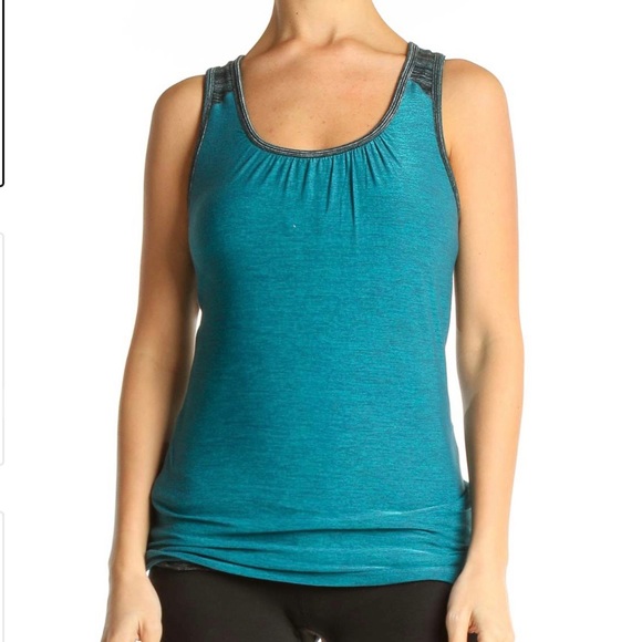 Athleta | Tops | Athleta Teal Grey Black Stripe Metallic Ruched ...